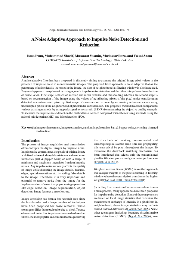 Pdf A Noise Adaptive Approach To Impulse Noise Detection And Reduction