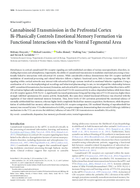 (PDF) Cannabinoid Transmission in the Prefrontal Cortex Bi-Phasically ...