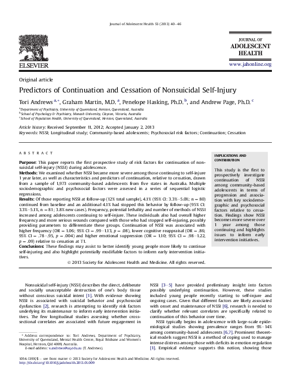 (PDF) Predictors of continuation and cessation of nonsuicidal self-injury
