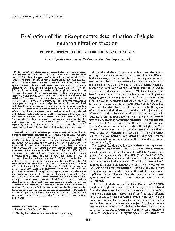 (PDF) Evaluation of the micropuncture determination of single nephron filtration fraction