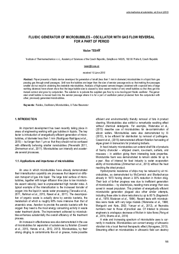 FLUIDIC GENERATOR OF MICROBUBBLES – OSCILLATOR WITH GAS FLOW REVERSAL ...