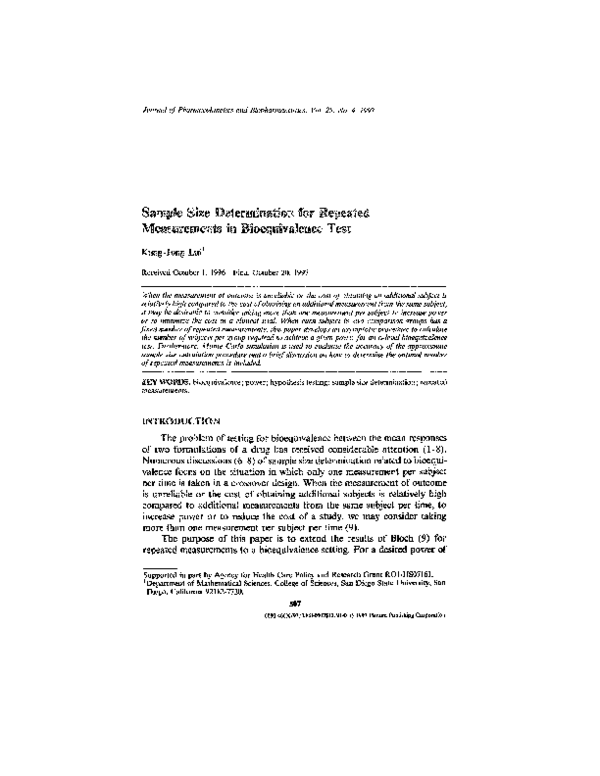 (PDF) Sample Size Determination for Repeated Measurements in ...