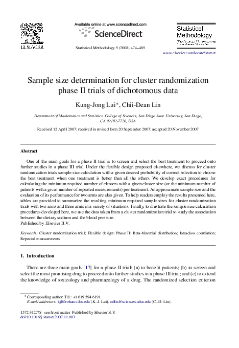 Pdf Sample Size Determination For Cluster Randomization Phase Ii Trials Of Dichotomous Data