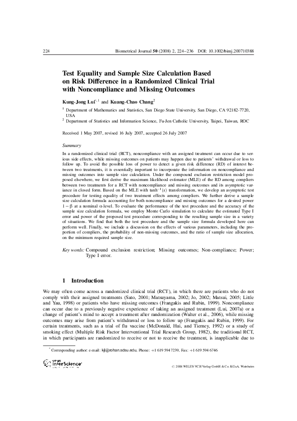 (PDF) Test Equality and Sample Size Calculation Based on Risk ...