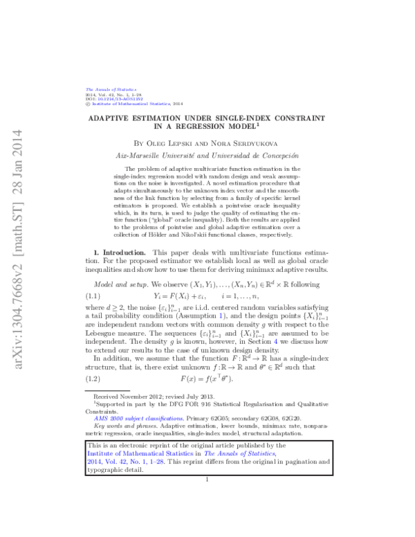 Pdf Adaptive Estimation Under Single Index Constraint In A Regression