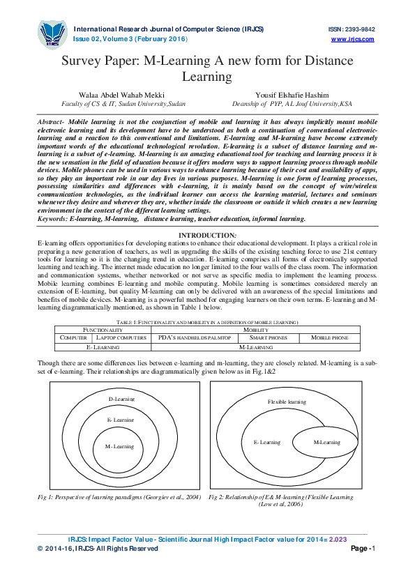 (PDF) Survey Paper: M-Learning A new form for Distance Learning