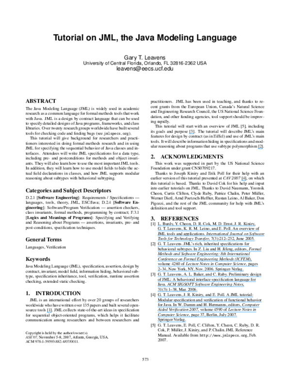 (PDF) Tutorial on JML, the java modeling language | Gary Leavens - Academia.edu