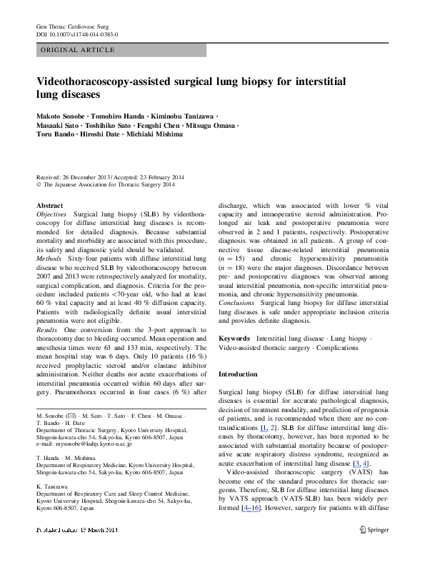 (PDF) Videothoracoscopy-assisted surgical lung biopsy for interstitial ...