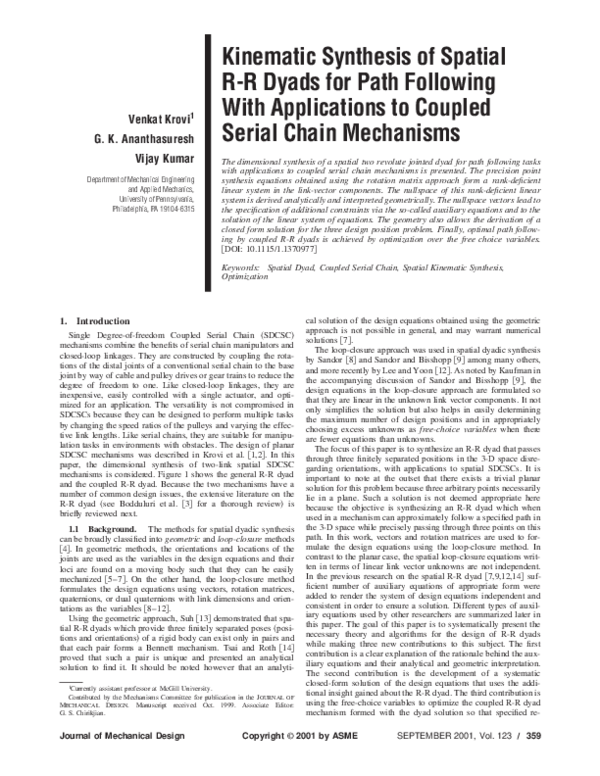 (PDF) Kinematic Synthesis of Spatial R-R Dyads for Path Following With Applications to Coupled ...