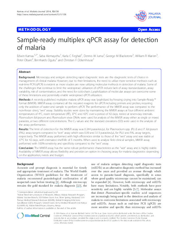 (PDF) Sample-ready multiplex qPCR assay for detection of malaria ...