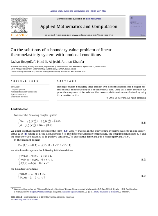 (PDF) On the solutions of a boundary value problem of linear thermoelasticity system with ...