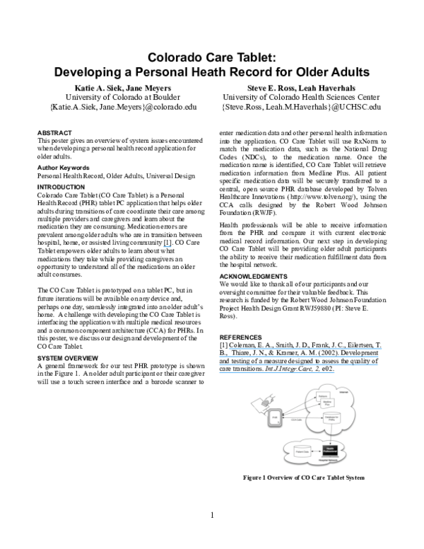 (PDF) Colorado Care Tablet: Developing a Personal Heath Record for ...