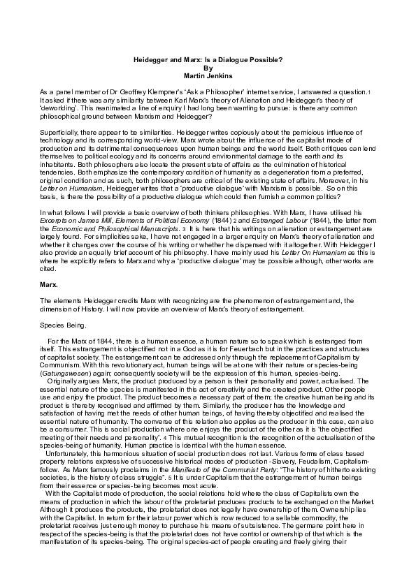 Heidegger and Marx: Is a Dialogue Possible