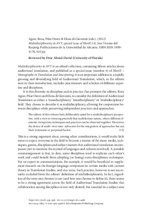 (PDF) “Multidisciplinarity in AVT,” eds. Rosa Agost, Pilar Orero and ...