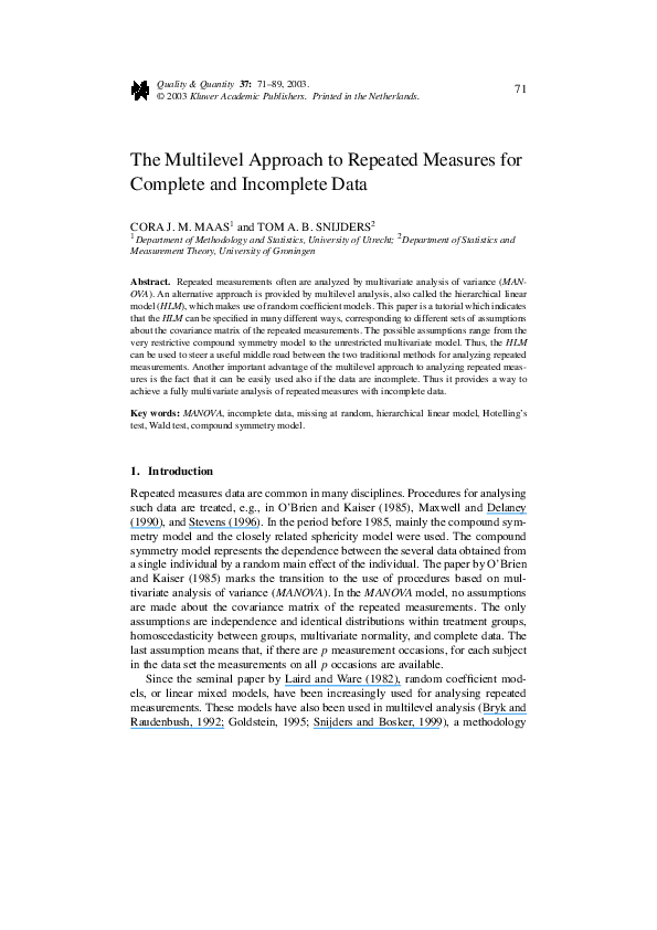 (PDF) The multilevel approach to repeated measures for complete and incomplete data
