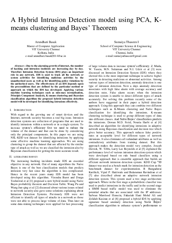 (PDF) A Hybrid Intrusion Detection model using PCA, K- means clustering and Bayes' Theorem ...