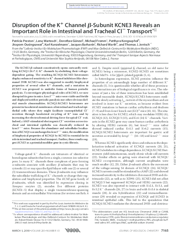 (PDF) Disruption of the K+ Channel -Subunit KCNE3 Reveals an Important ...