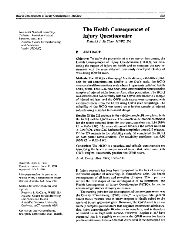 (PDF) The Health Consequences of Injury Questionnaire