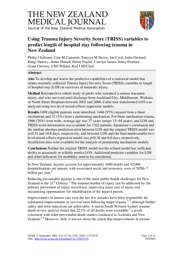 (PDF) Using Trauma Injury Severity Score (TRISS) variables to predict ...