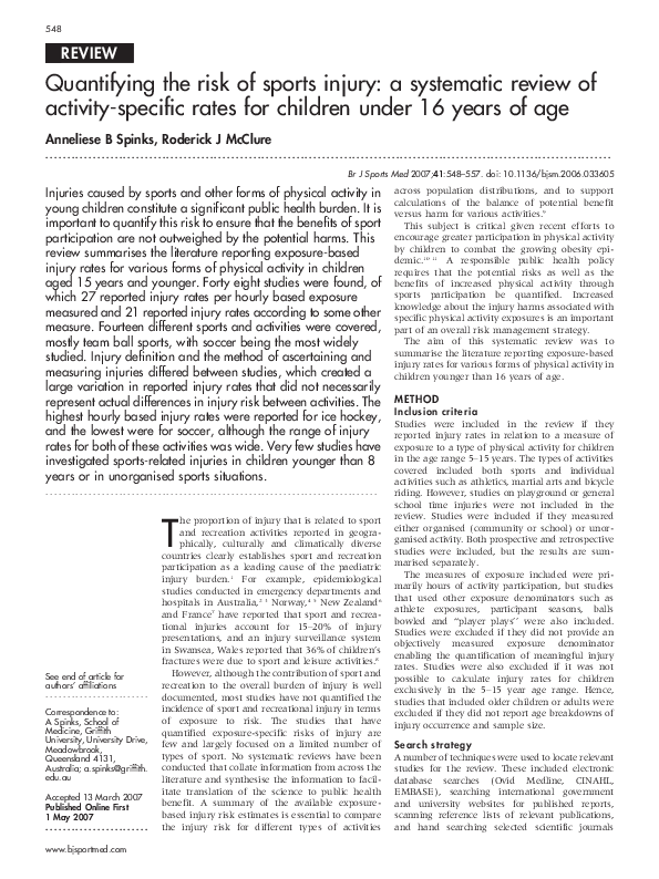 (PDF) Quantifying the risk of sports injury : a systematic review of ...