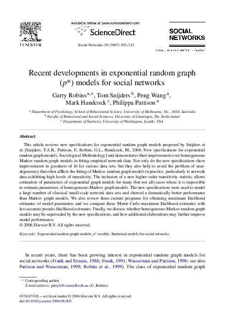 Pdf Recent Developments In Exponential Random Graph P Models For