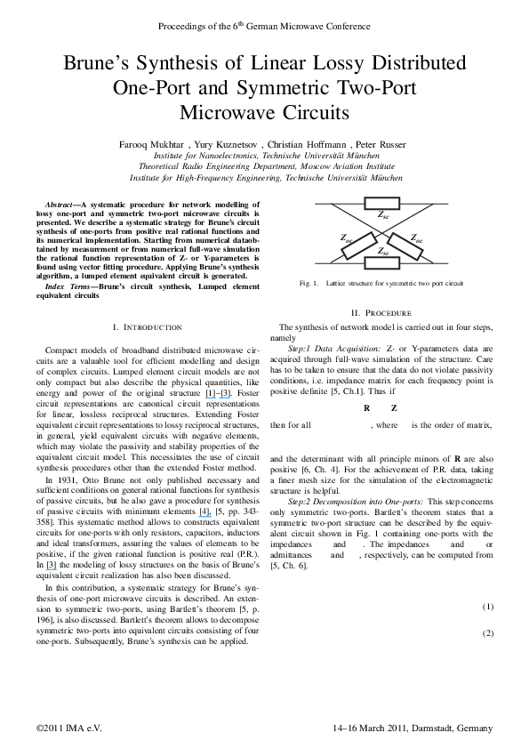 Pdf Brunes Synthesis Of Linear Lossy Distributed One Port And