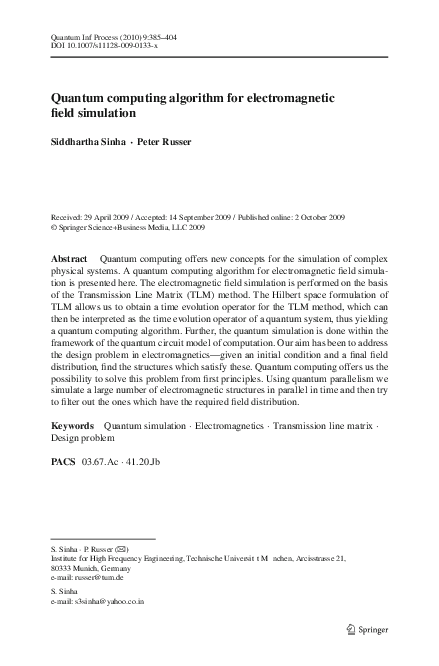 (PDF) Quantum computing algorithm for electromagnetic field simulation