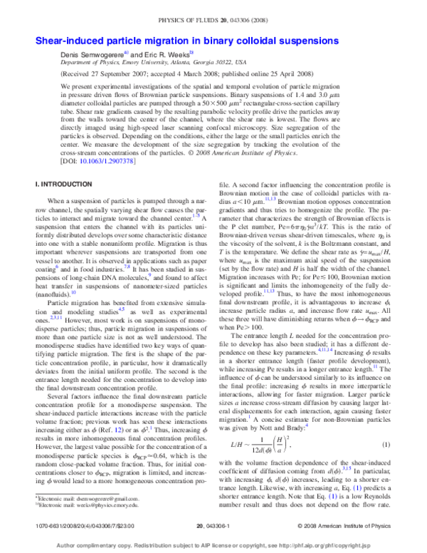 (PDF) Shear-induced particle migration in binary colloidal suspensions