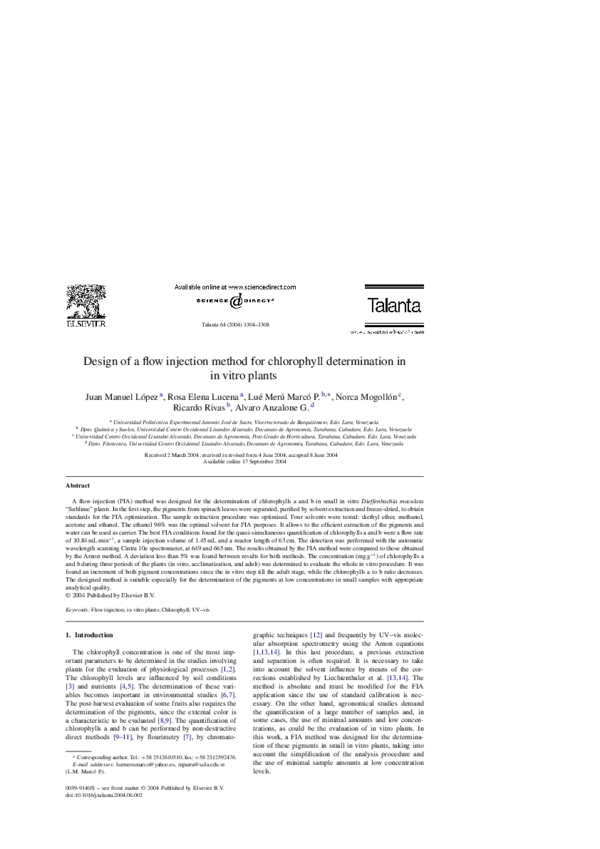 Pdf Design Of A Flow Injection Method For Chlorophyll Determination In In Vitro Plants