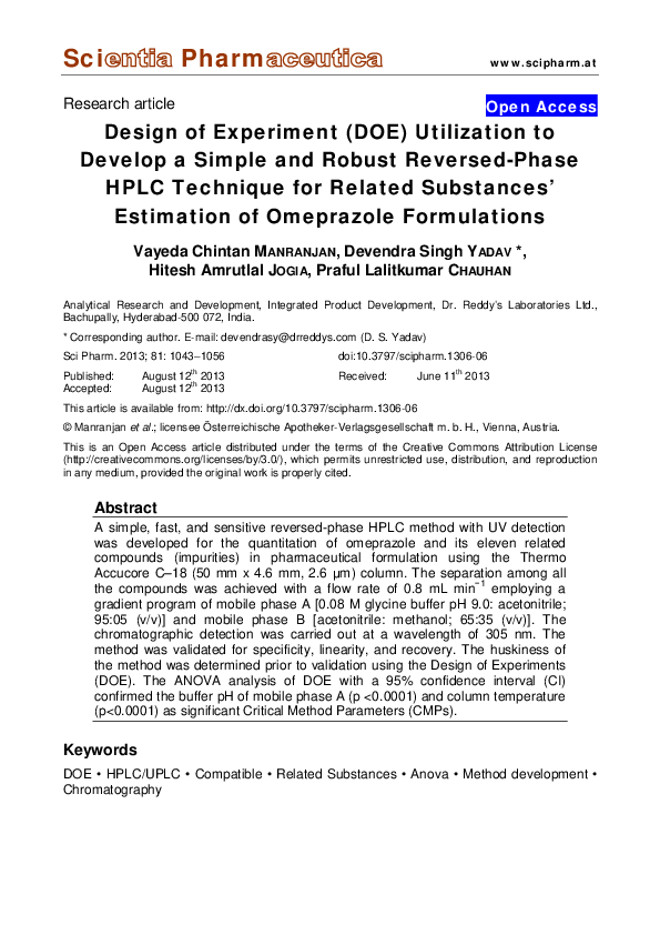 Pdf Design Of Experiment Doe Utilization To Develop A Simple And Robust Reversed Phase Hplc