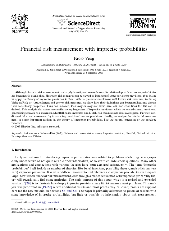 (PDF) Financial risk measurement with imprecise probabilities
