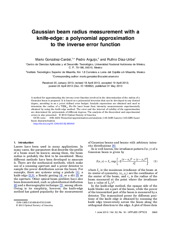 (PDF) Gaussian beam radius measurement with a knife-edge: a polynomial approximation to the ...