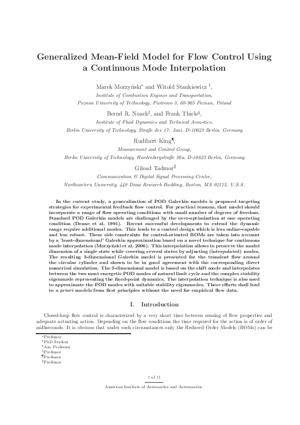 Pdf Generalized Mean Field Model For Flow Control Using A Continuous Mode Interpolation