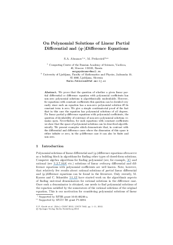 Pdf On Polynomial Solutions Of Linear Partial Differential And Q Difference Equations