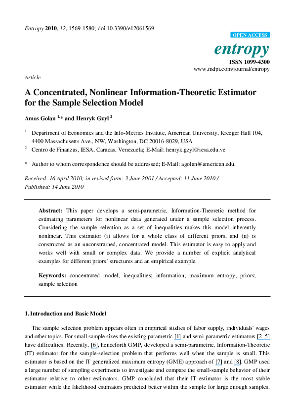 (PDF) A Concentrated, Nonlinear Information-Theoretic Estimator for the Sample Selection Model