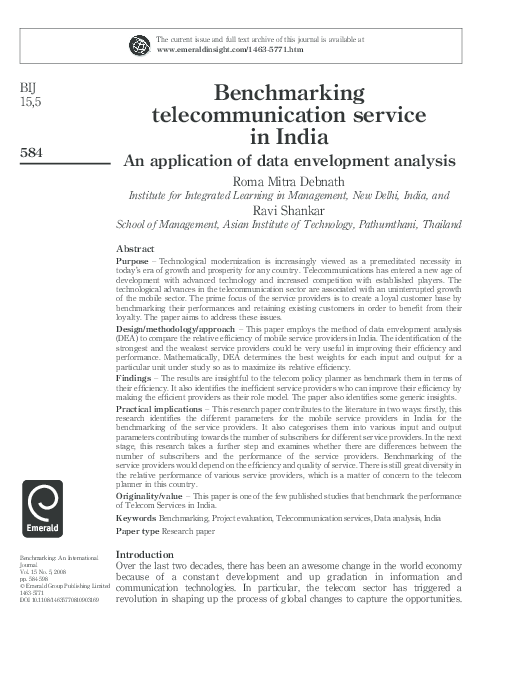 (PDF) Benchmarking telecommunication service in India: an application of data envelopment analysis