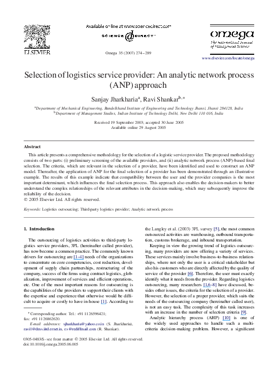 (PDF) Selection of logistics service provider: An analytic network process (ANP) approach