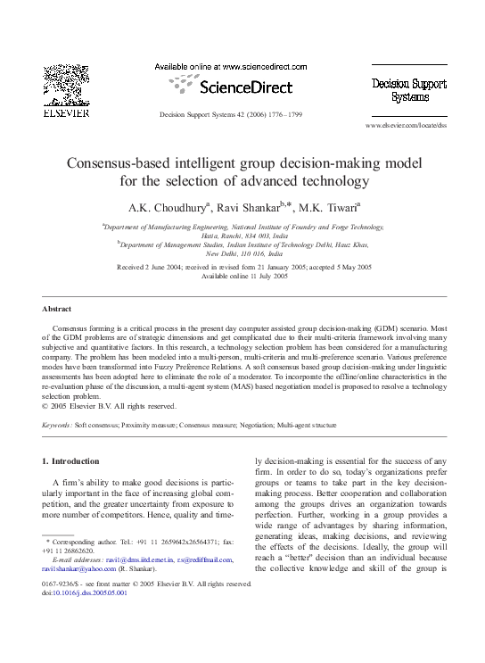 Pdf Consensus Based Intelligent Group Decision Making Model For The Selection Of Advanced