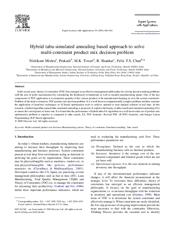 (PDF) Hybrid tabu-simulated annealing based approach to solve multi-constraint product mix ...
