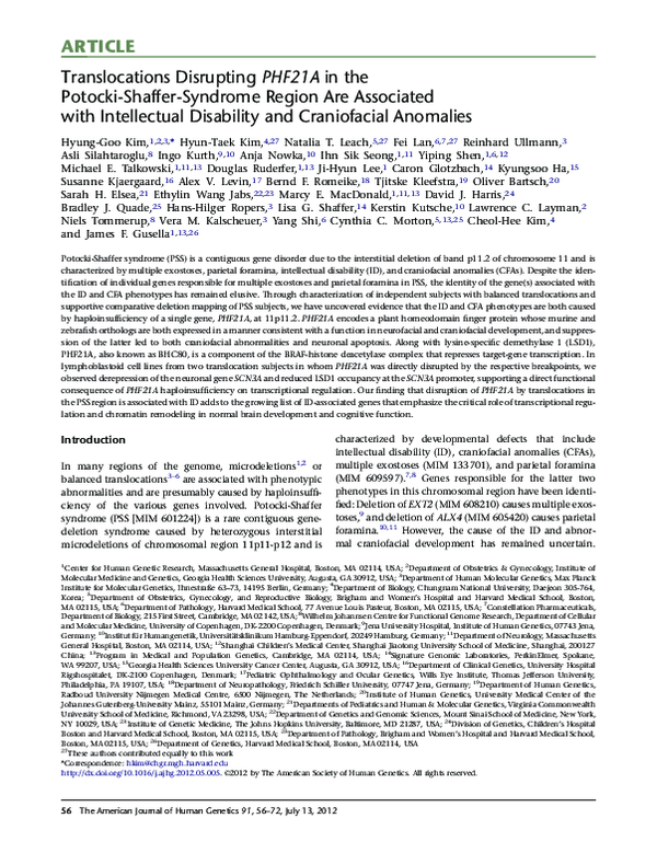 (PDF) Translocations Disrupting PHF21A in the Potocki-Shaffer-Syndrome ...