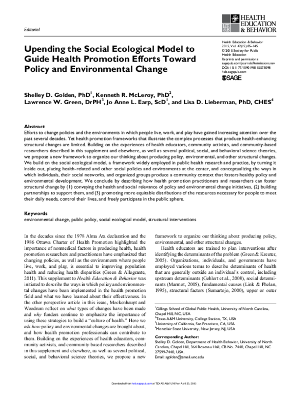 (PDF) Upending the social ecological model to guide health promotion ...