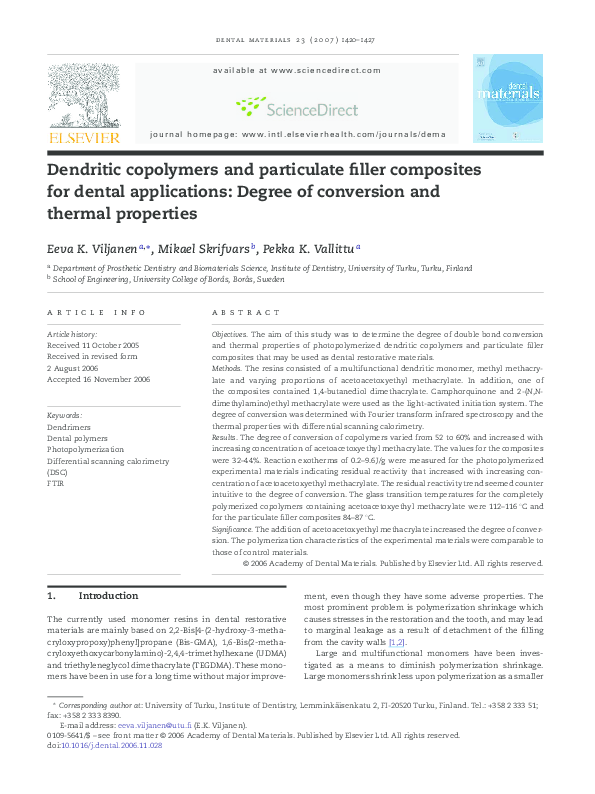 (PDF) Dendritic copolymers and particulate filler composites for dental ...