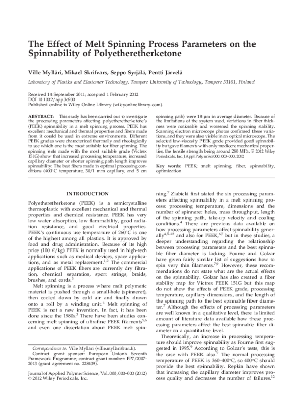 (PDF) The effect of melt spinning process parameters on the spinnability of polyetheretherketone