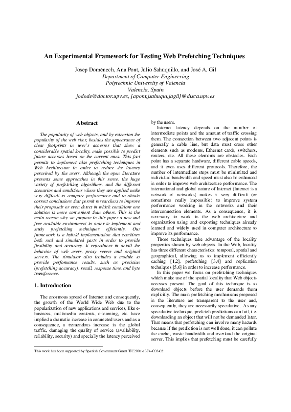 Pdf An Experimental Framework For Testing Web Prefetching Techniques