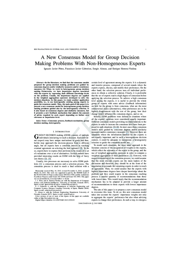 Pdf A New Consensus Model For Group Decision Making Problems With Non Homogeneous Experts