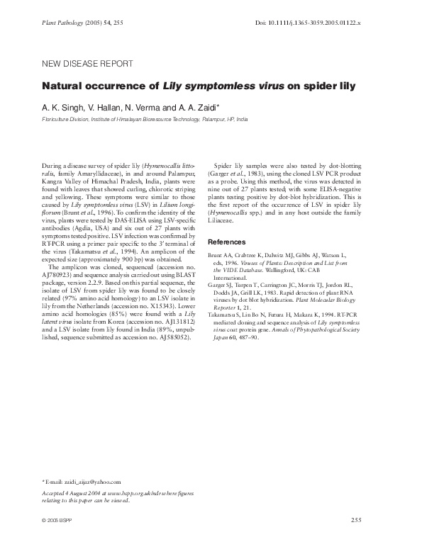 (PDF) Natural occurrence of Lily symptomless virus on spider lily