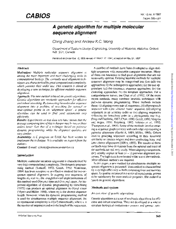 Pdf A Genetic Algorithm For Multiple Molecular Sequence Alignment