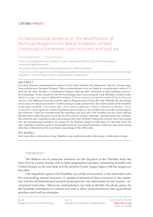 Archaeobotanical evidence on the Neolithisation of Northeast Bulgaria ...