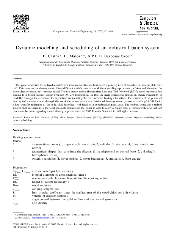 (PDF) Dynamic modelling and scheduling of an industrial batch system