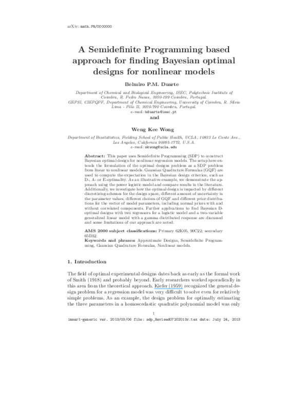 (PDF) Finding Bayesian Optimal Designs for Nonlinear Models: A Semidefinite Programming-Based ...